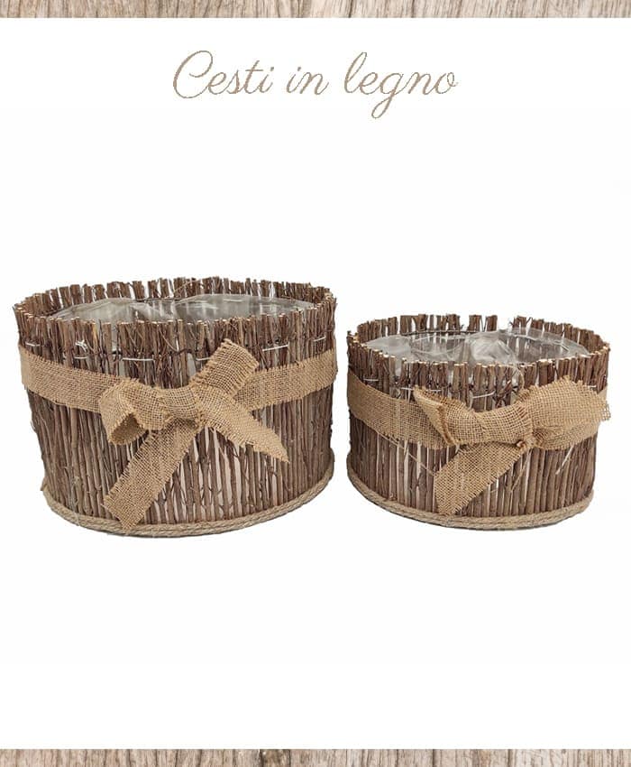 Serie 2 cesti legno tondi rametti con fiocco juta diametro 25-31 cm | C & R